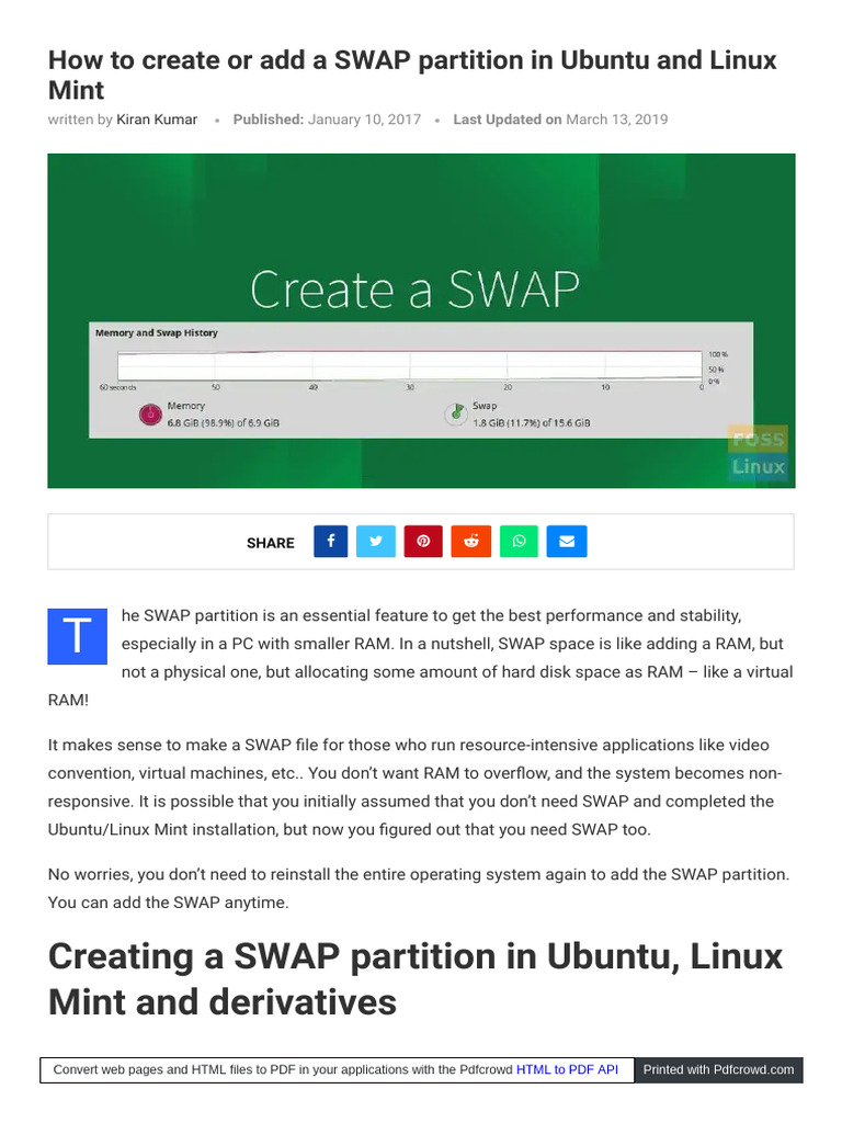 WWW Fosslinux Com 1064 How To Create or Add A Swap Partition | PDF