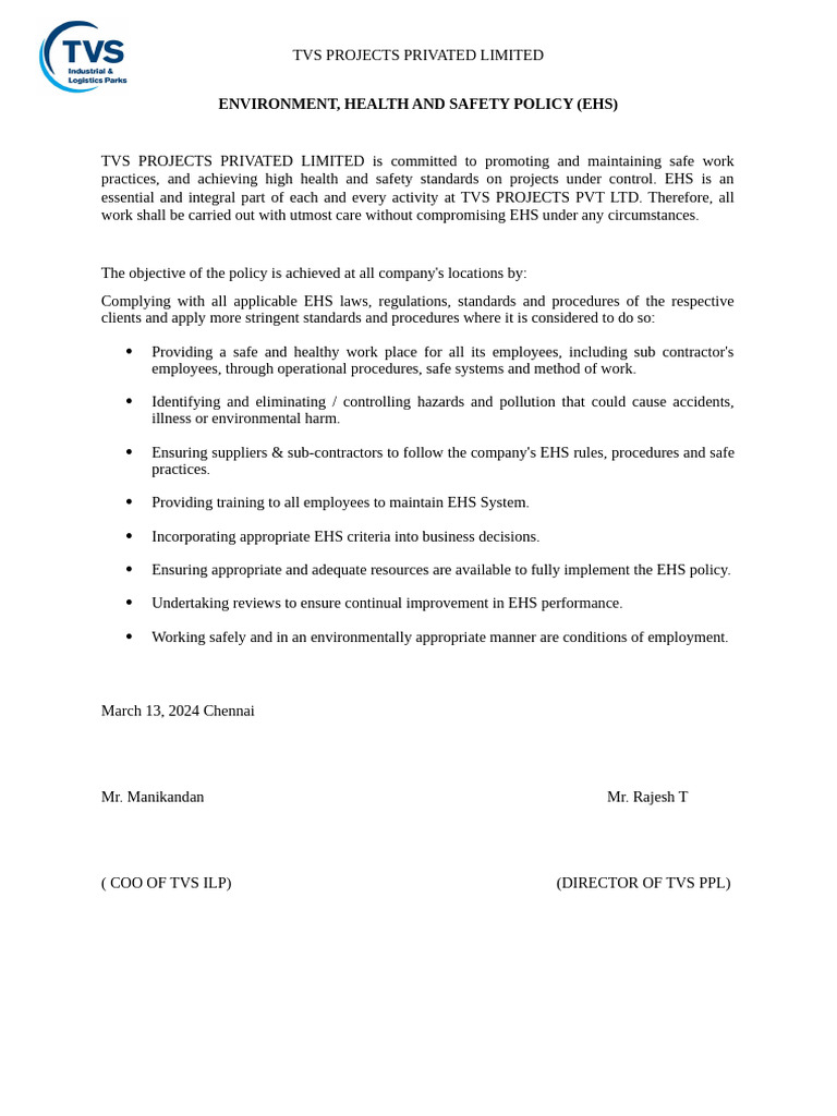 Ehs Policy - TVS PPL | PDF
