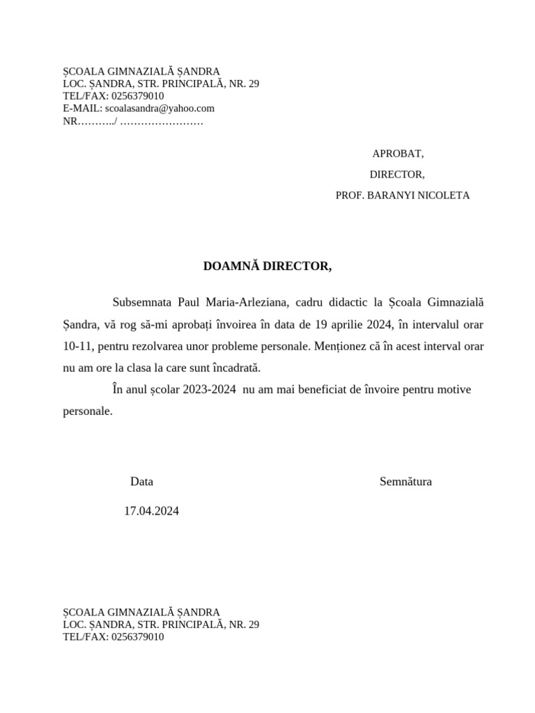 Cerere de Invoire Profesori | PDF