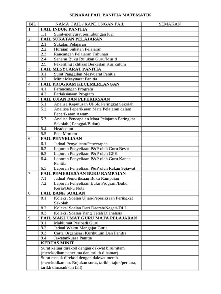 Senarai Semak Fail Panitia | PDF
