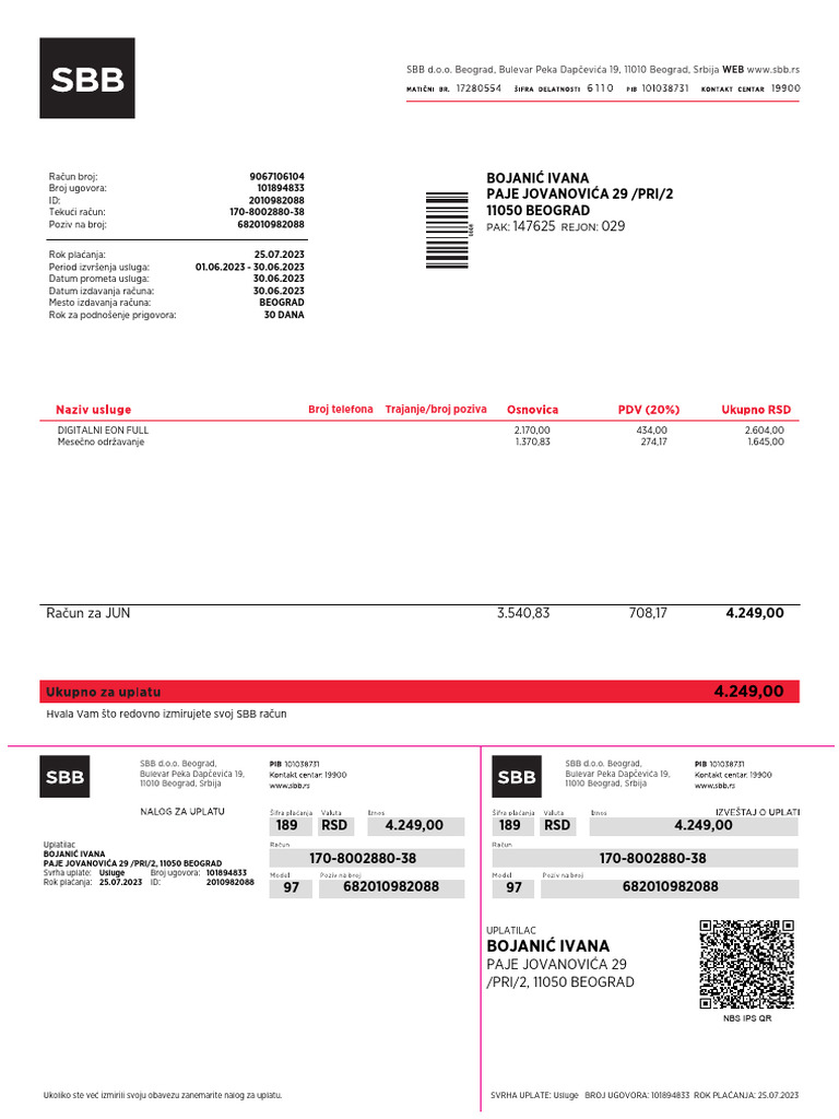 Račun za SBB usluge, 6.2023 | PDF