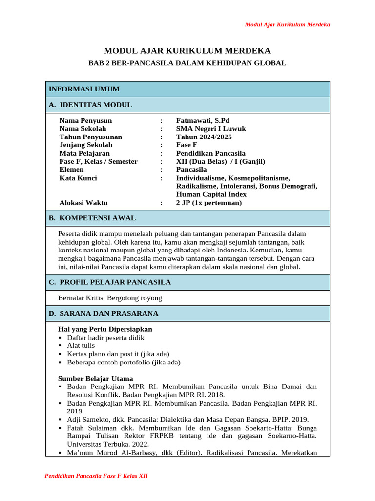 Modul Ajar Bab 2 Ber-Pancasila Dalam Kehidupan Global | PDF