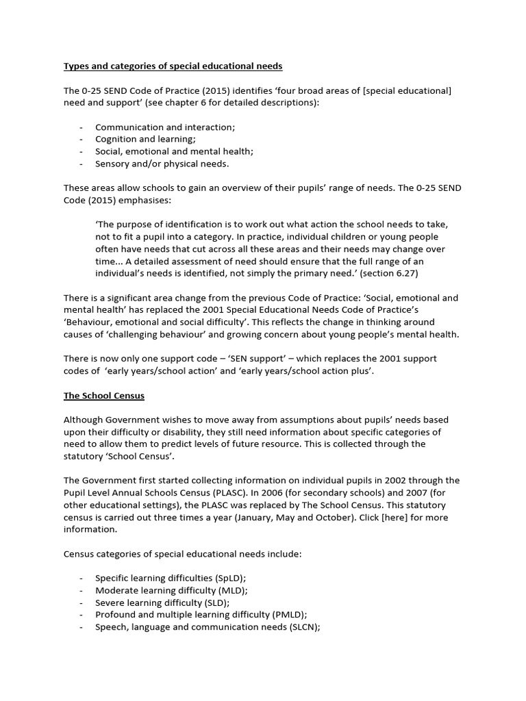 Types and Categories of Sen | PDF | Special Education | Career & Growth