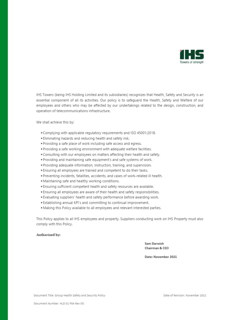 HSSE Group Health Safety and Security Policy | PDF