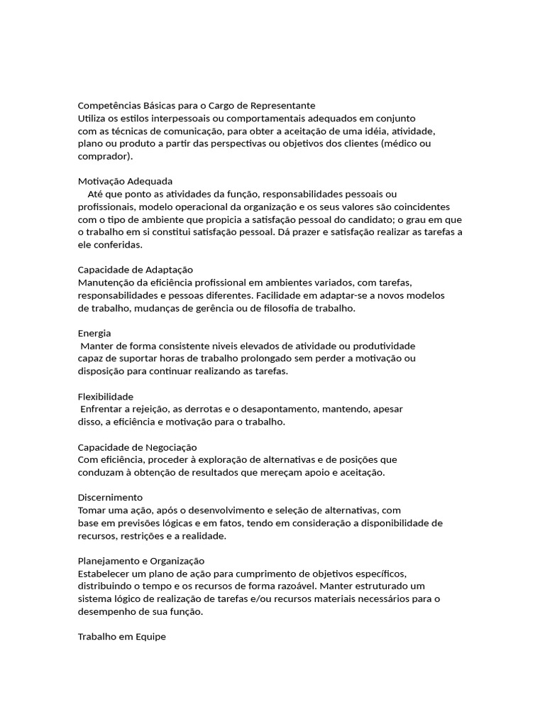 Competências Básicas para o Cargo de Representante | PDF | Motivação ...