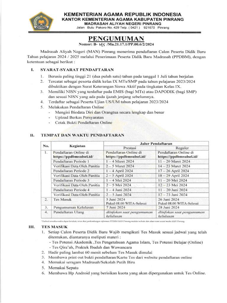Pengumuman PPDBM Man Pinrang TP 2024-2025 | PDF