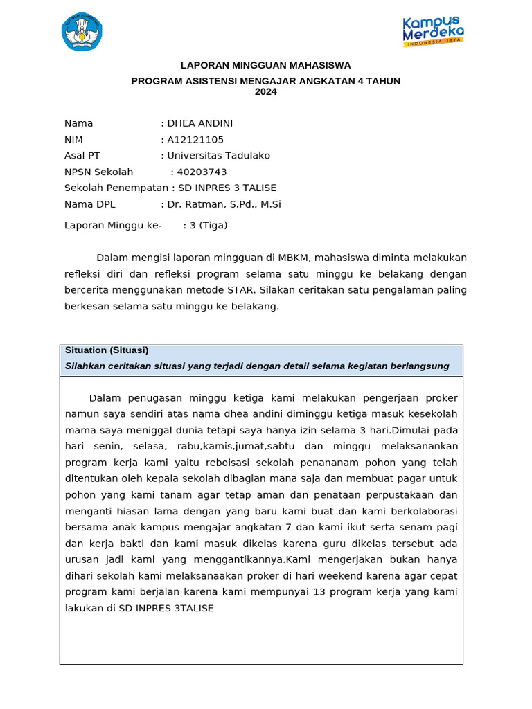 LAPORAN MINGGU KE ASISTENSI MENGAJAR Dhea Andini | PDF