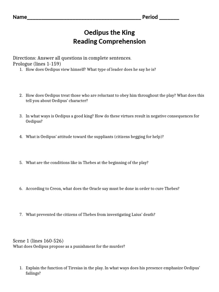 Oedipus Comprehension Questions | PDF | Oedipus | Language Arts ...