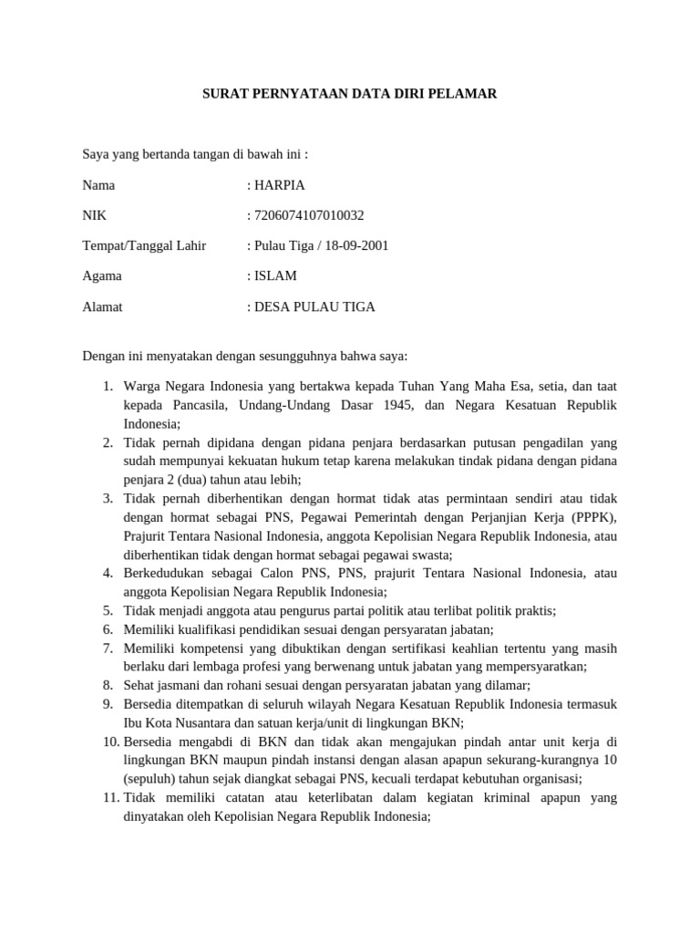 Surat Pernyataan Harpia Cpns | PDF