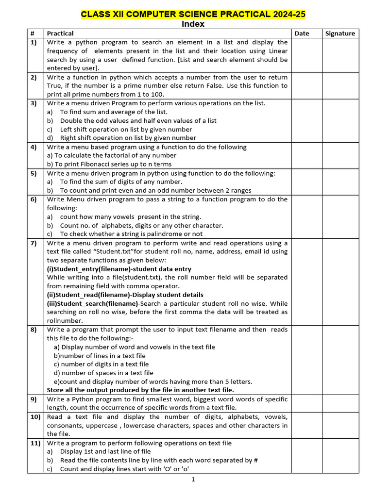 Class Xii Computer Science Practical List 2024 | PDF | Filename | Computer File
