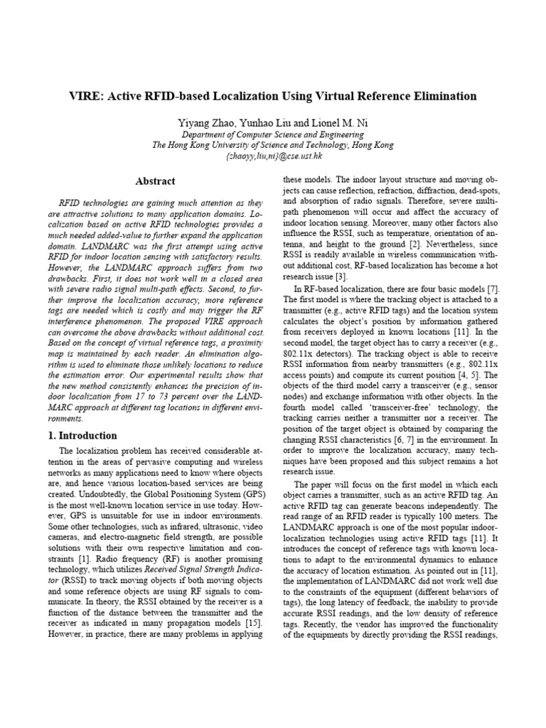 VIRE: Active RFID-based Localization Using Virtual Reference Elimination | PDF