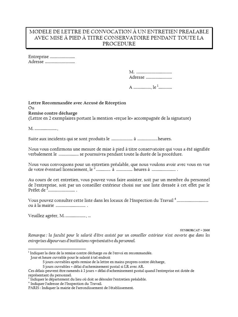 Modele de Lettre de Convocation À Un Entretien Prealable Avec Mise À Pied À Titre Conservatoire ...