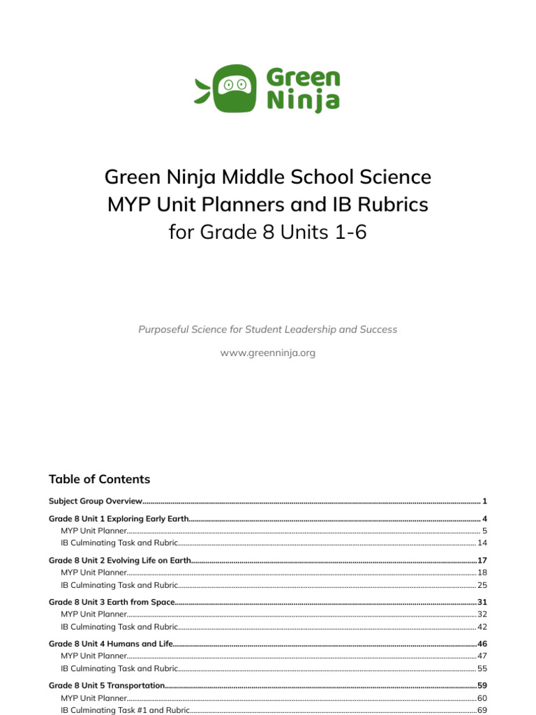 Green Ninja Middle School Science MYP Unit Planners and IB Rubrics | PDF