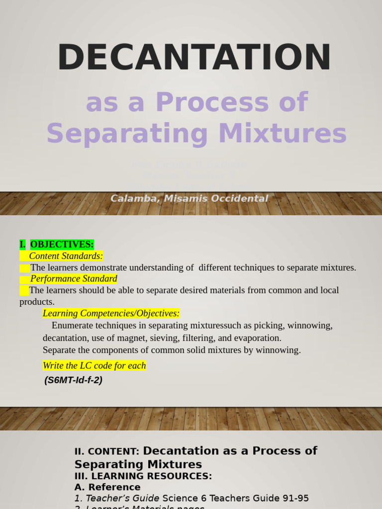 Decantation As A Process of Separating Mixtures | PDF