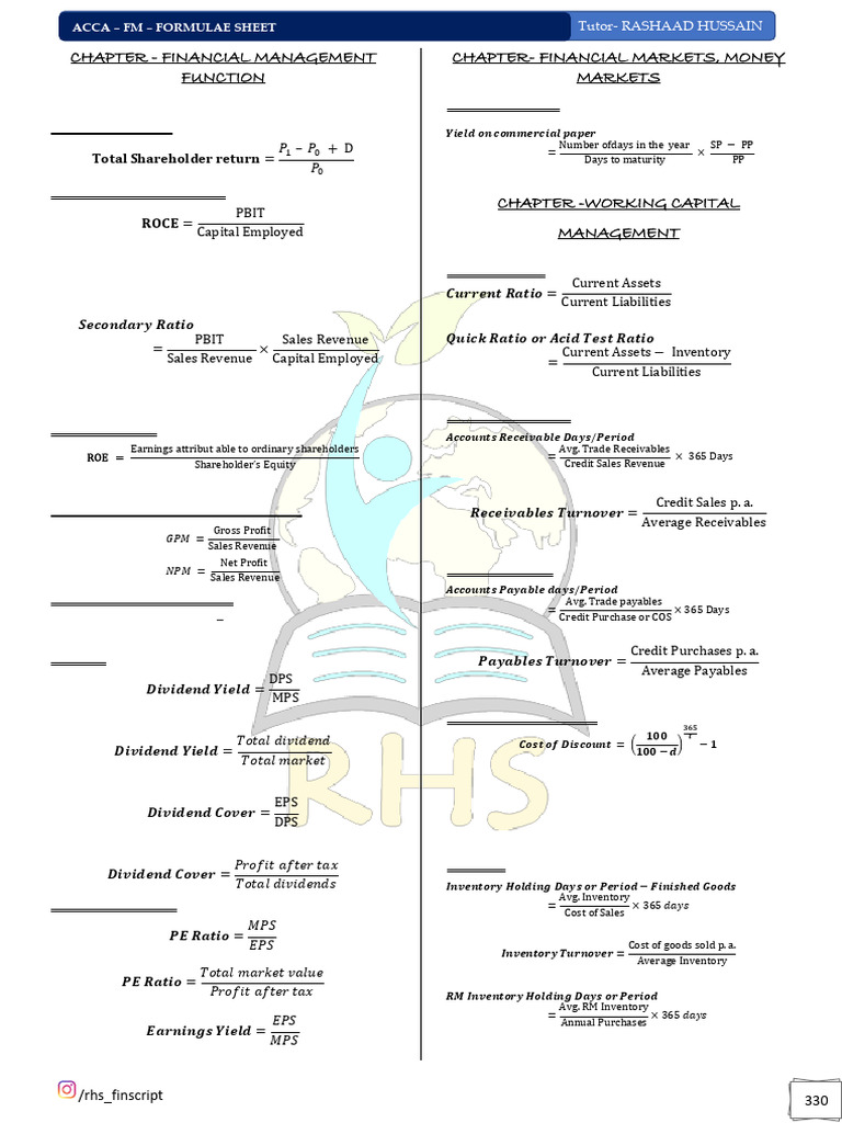 FM F9 RHS Formula Sheet Latest | PDF