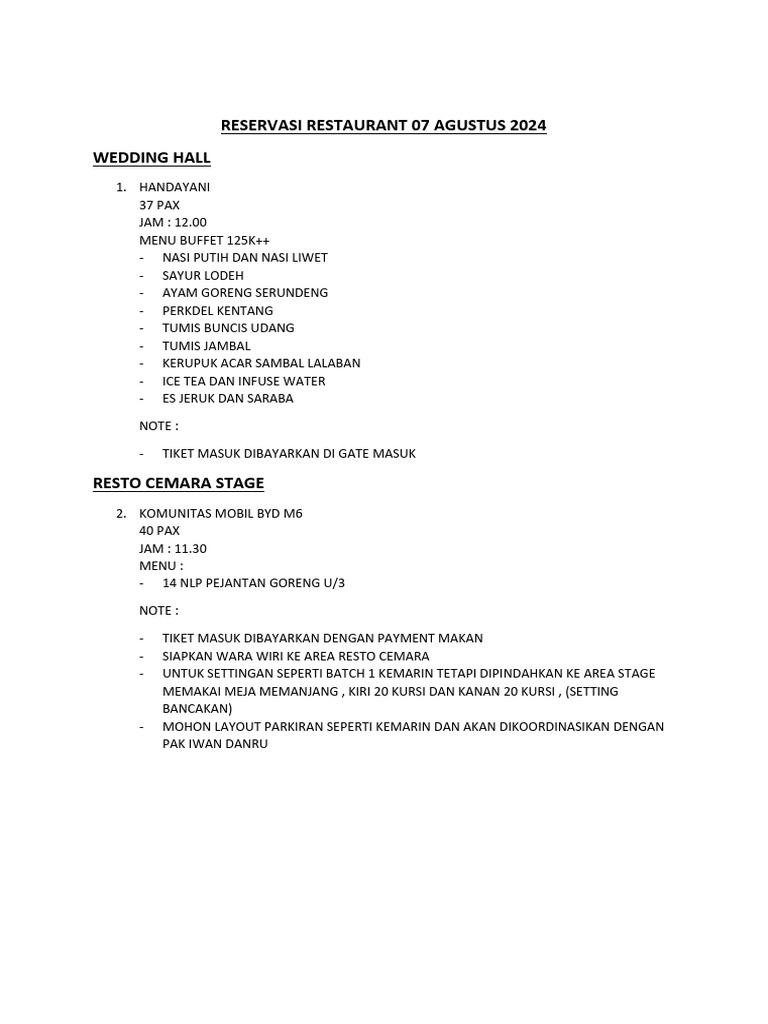 Reservasi Restaurant 07 Agustus 2024 | PDF