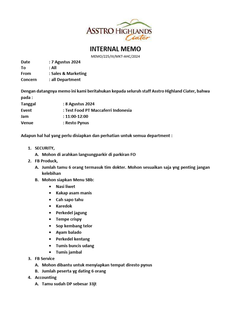 Memo: Test Food Event Preparation | PDF