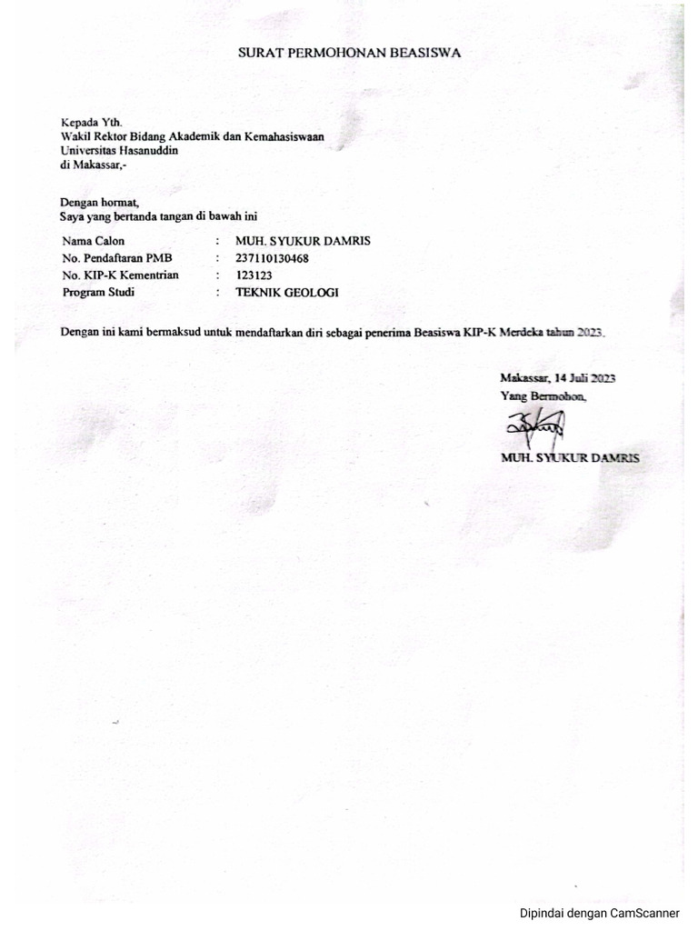 Surat Permohonan Beasiswa KIP | PDF