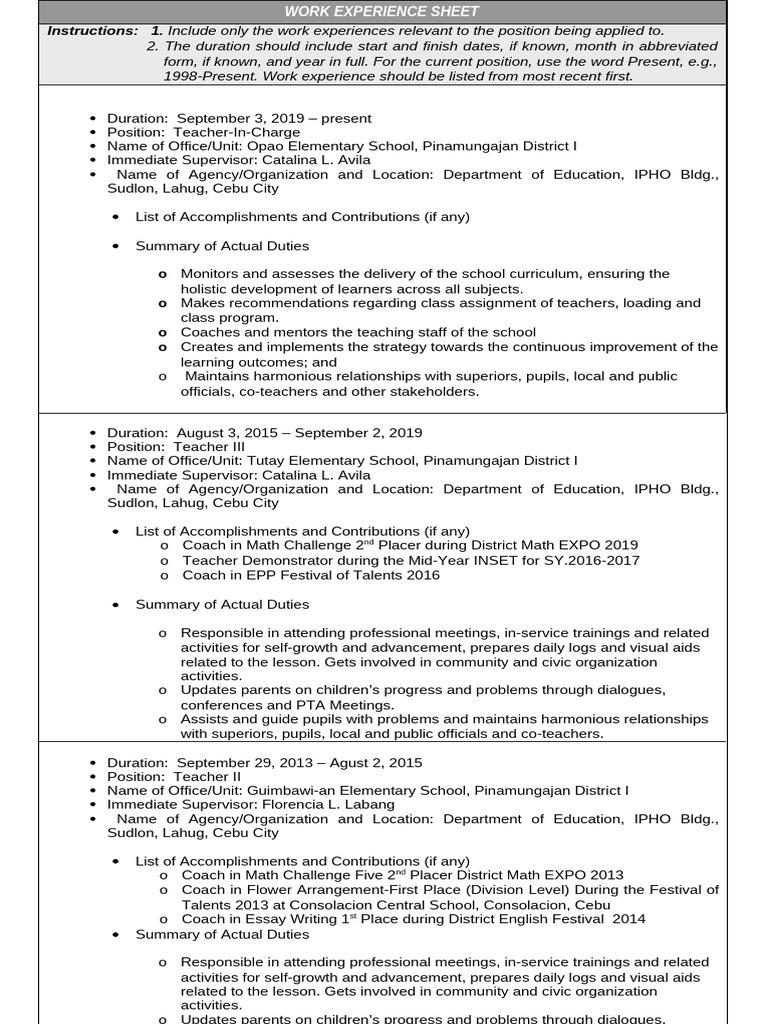 Work Experience Sheet | PDF | Teachers | Pedagogy