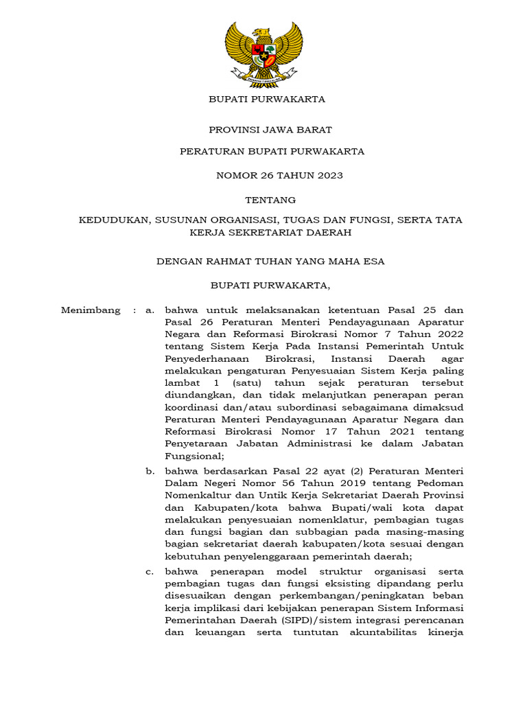 01 - Perbup 26 Tahun 2023 Tentang Sotk Setda | PDF