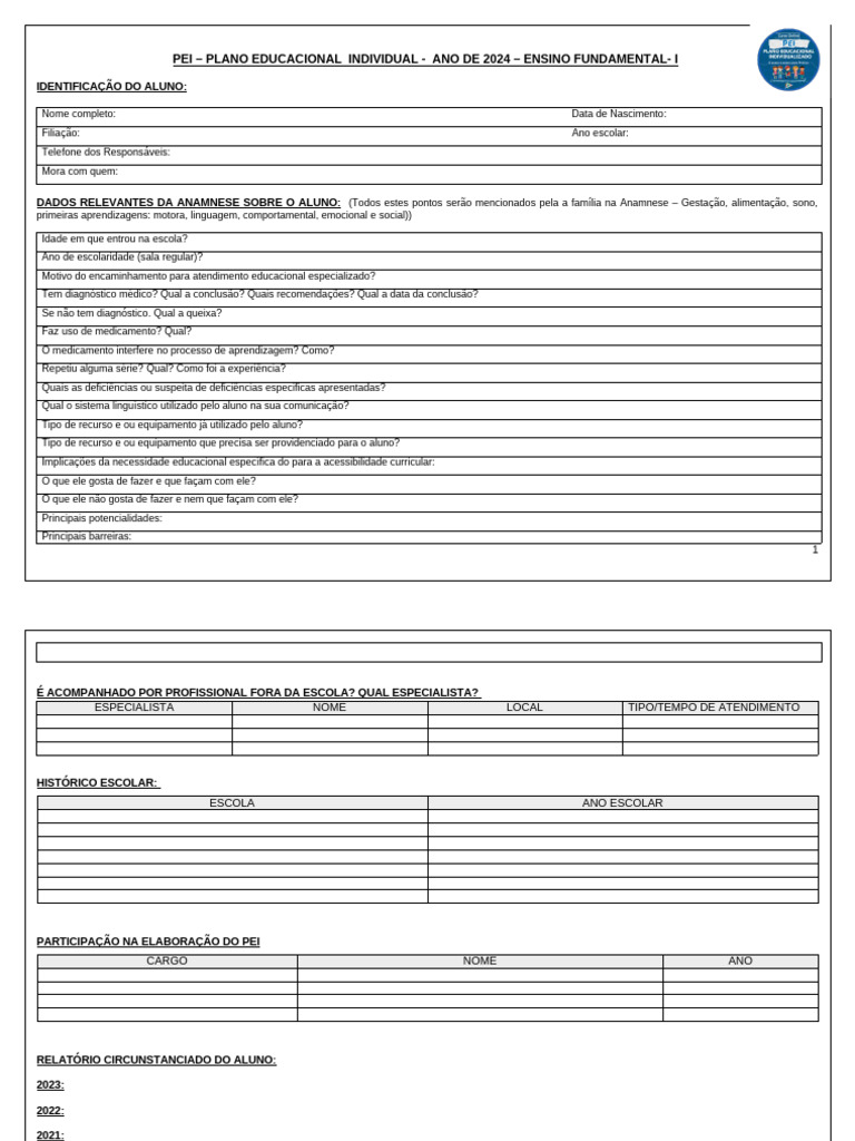 Modelo 1 PEI - Ensino Fundamental I - 2024 | PDF