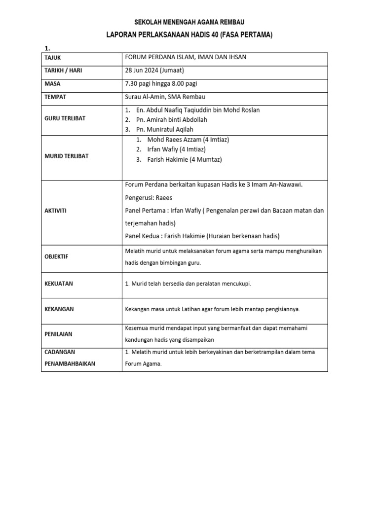 Laporan Pelaksanaan Hadis 40 Fasa 1 (April-Jun) 2024 | PDF