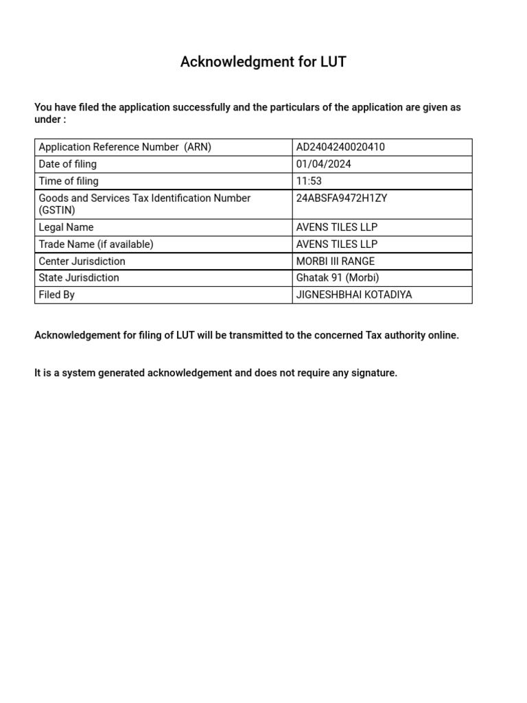 Acknowledgement GST RFD - 11 (2024-25) | PDF