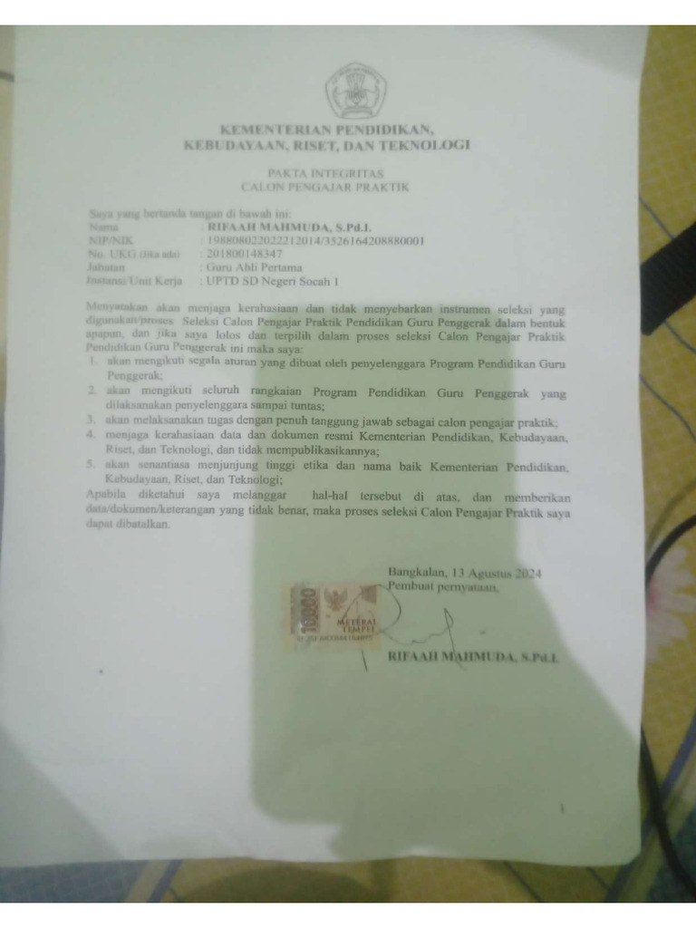 Pakta Inegritas CPP A 12 - Rifaah Mahmuda | PDF