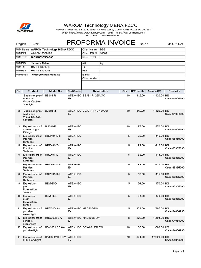 Proforma Invoice: WAROM Technology MENA FZCO | PDF