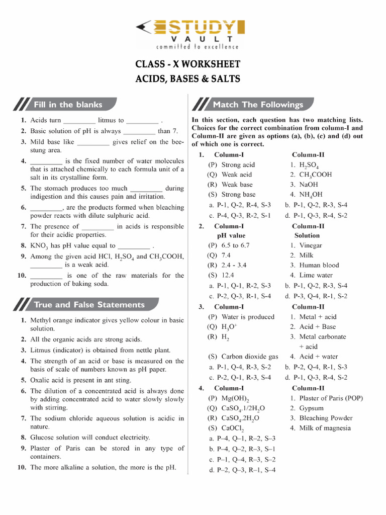X - Acids, Bases & Salts - Worksheet - (DPSI) | PDF