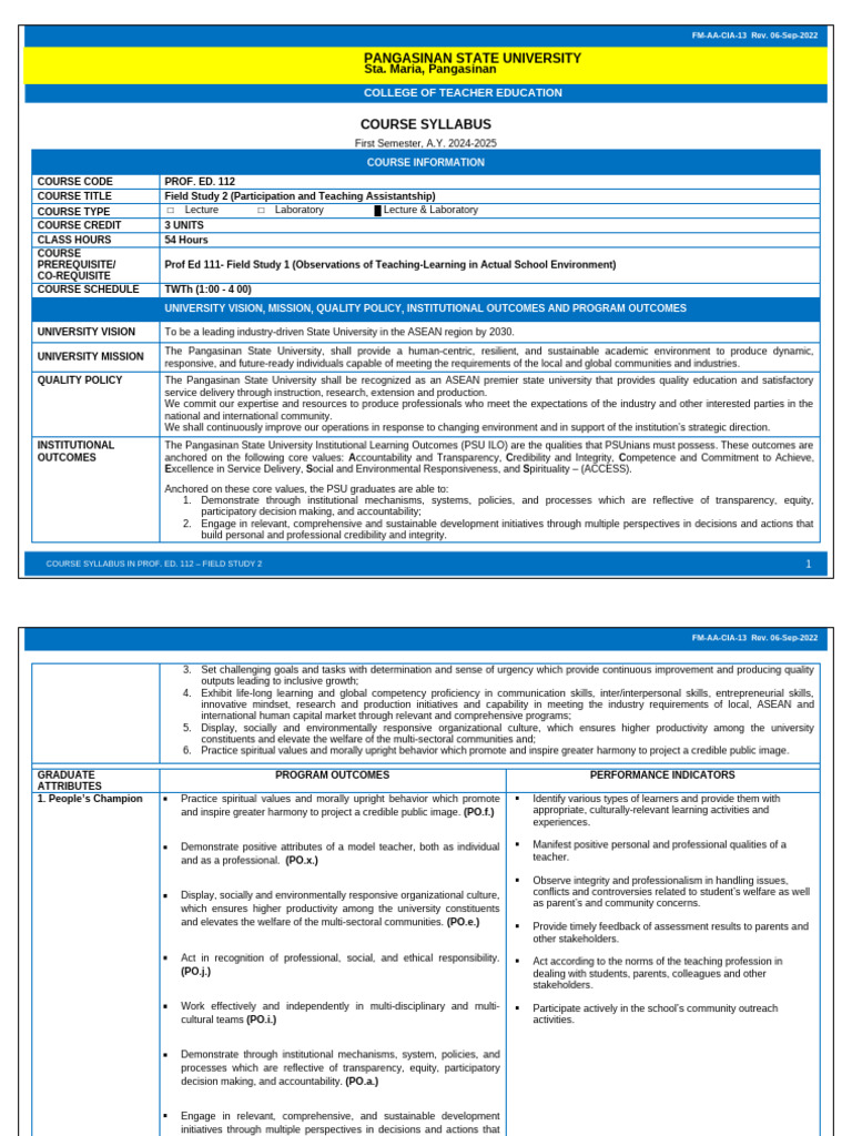 Prof Ed 112 Field Study 2 Course Syllabus 2024 2025 | PDF