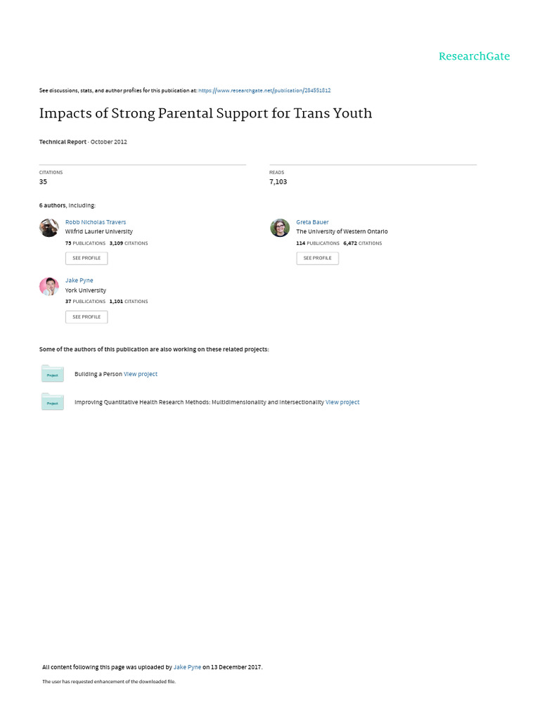 Trans PULSE Impacts of Strong Parental Support For Trans Youth | PDF