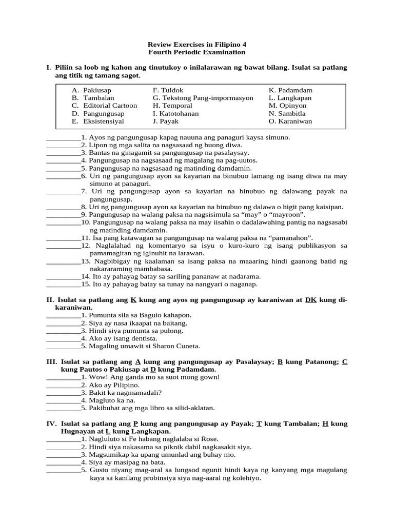 Review Exercises in Filipino 4 Fourth Quarter | PDF
