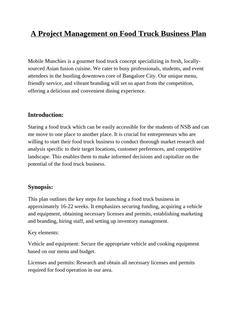 A Project Management On Food Truck Business Plan | PDF
