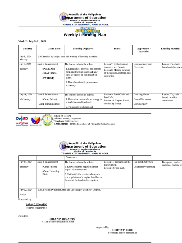 NLC Weekly Learning Plan | PDF