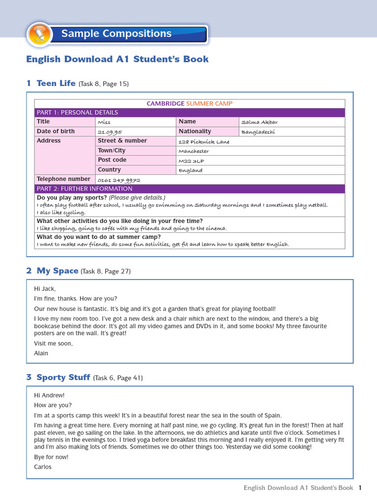 English Download A1 Student - S Book Sample Compositions | PDF
