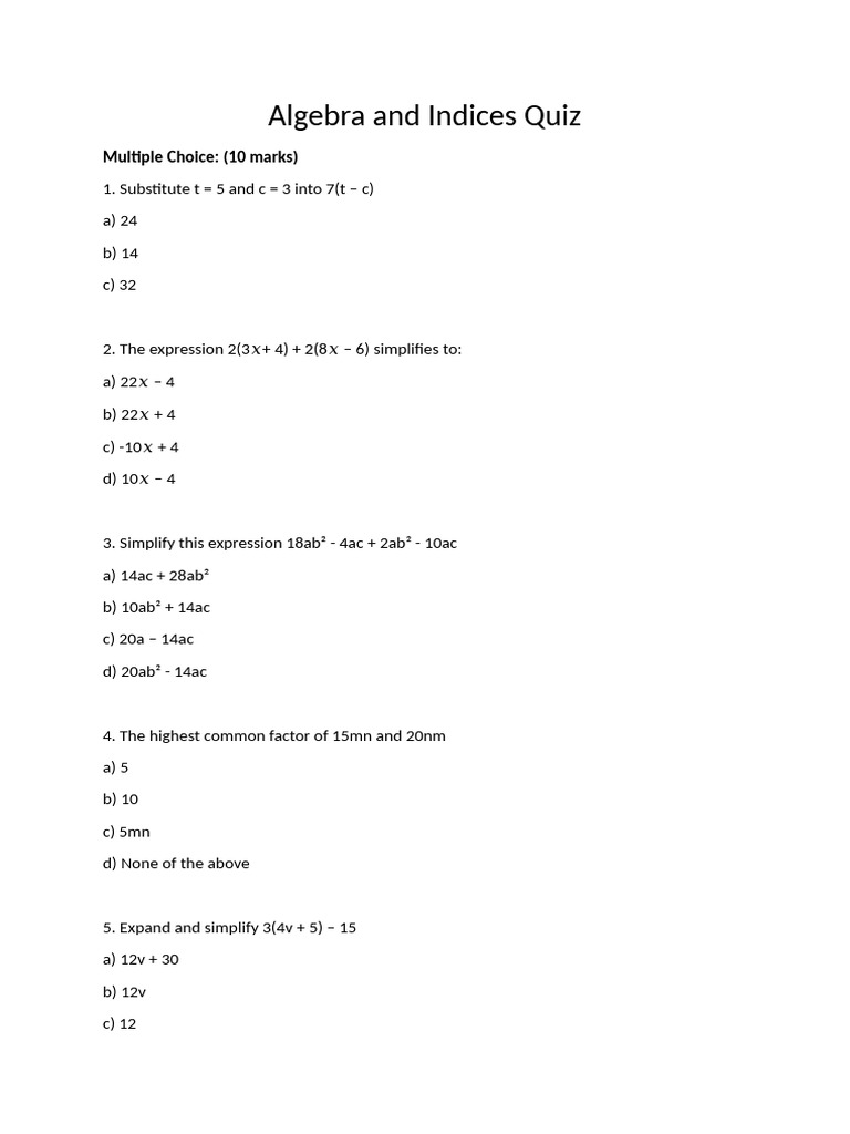 Algebra and Indices Quiz | PDF