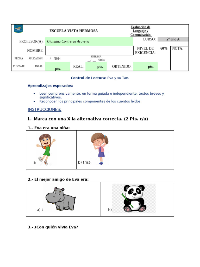 Prueba-Del-Libro-Eva-Y-Su-Tan 2do Basico Antonia | PDF