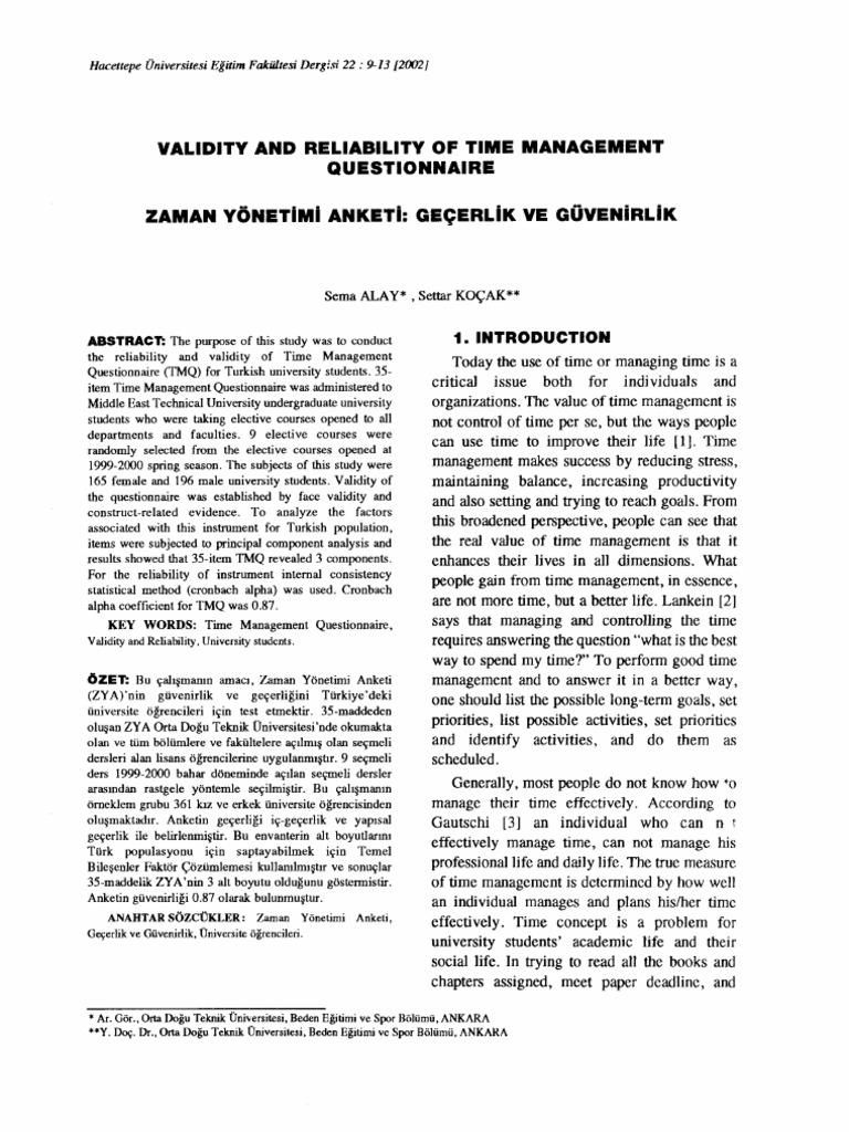 Validity and Reliability of Time Management Questionnaire (#102594 ...