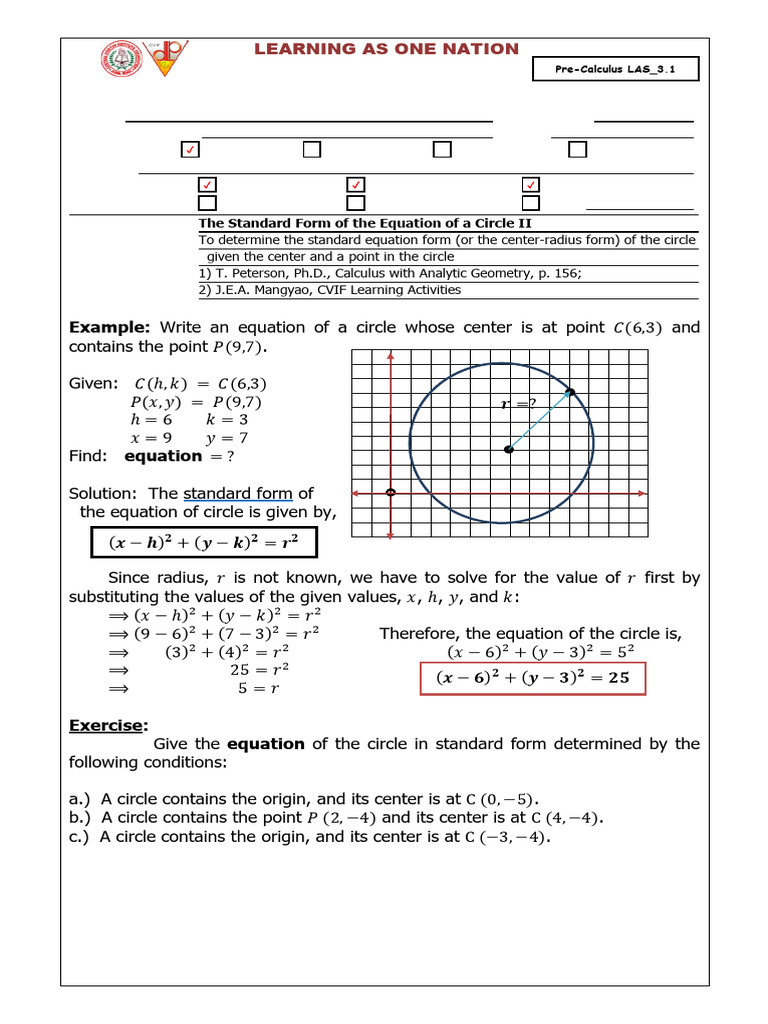 Pre Calculus LAS 3 1 The Standard Form Of The Equation Of A Circle II PDF