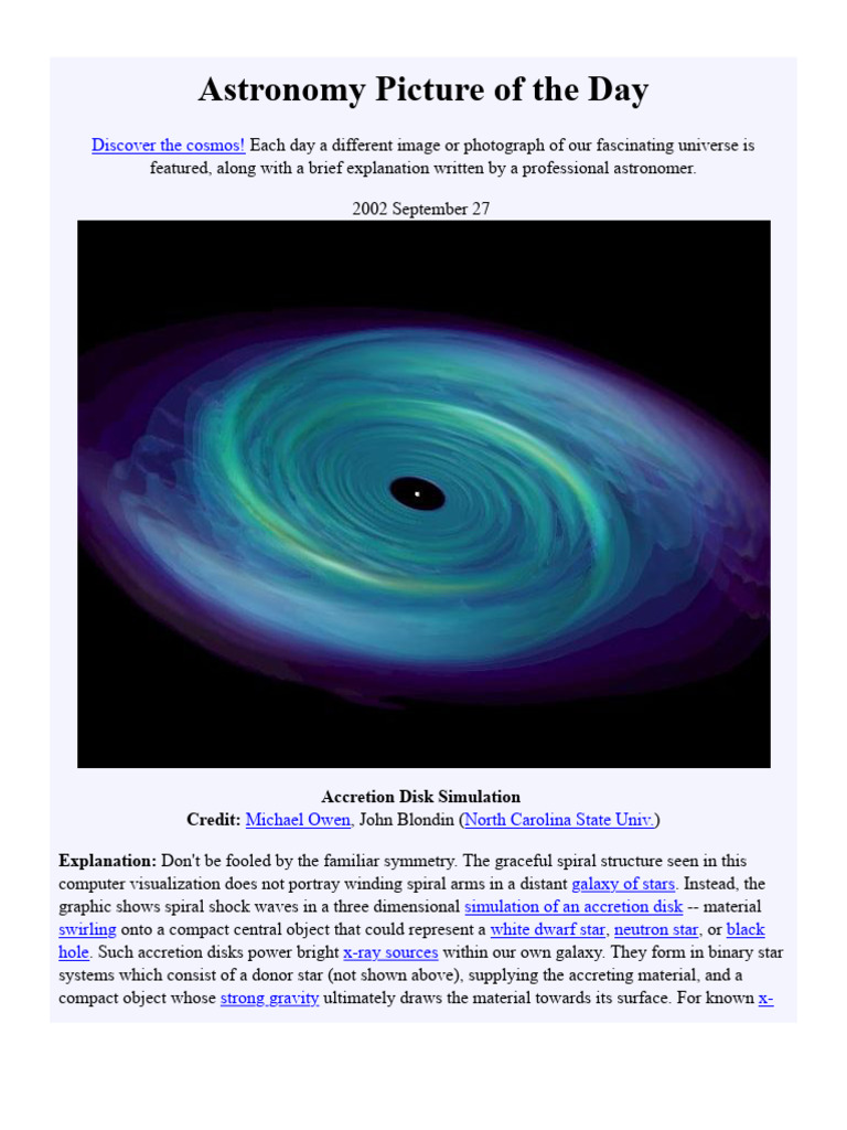 APOD- 2002 September 27 - Accretion Disk Simulation | PDF