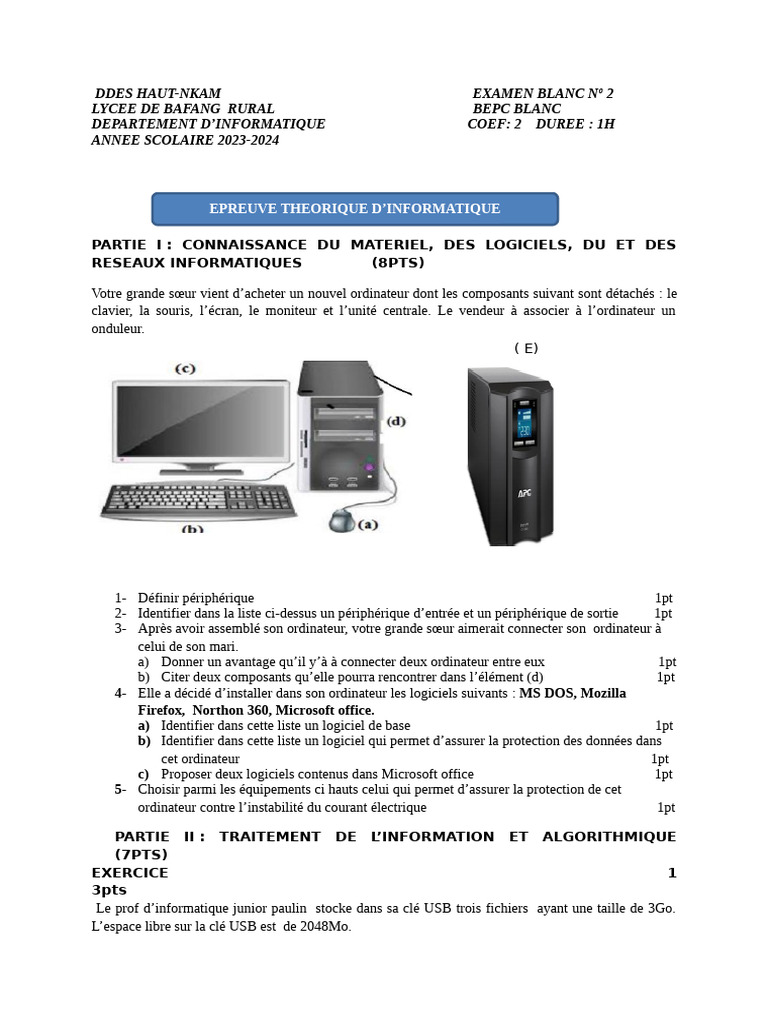 Bepc Blanc 2024 N°2 Informatique Theorique | PDF