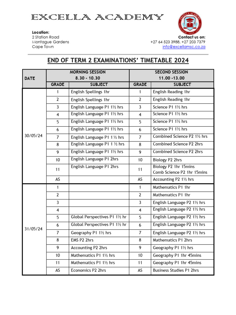 EA Exam Timetable Term 2 2024 | PDF