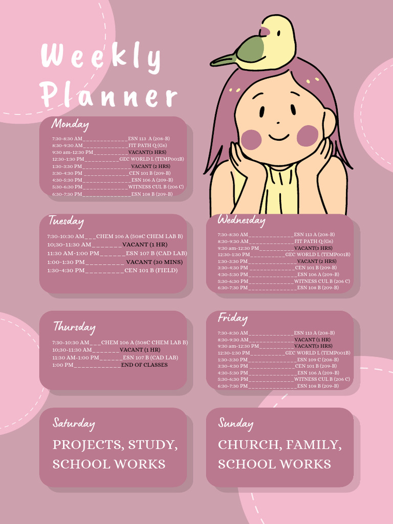 Pink Minimalist Cute Weekly Schedule Planner | PDF