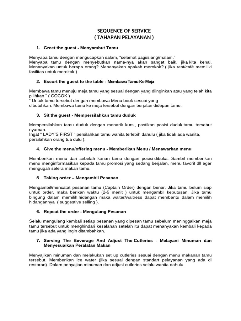 Sequence of Service in Hospitality | PDF | Foods | Restaurants