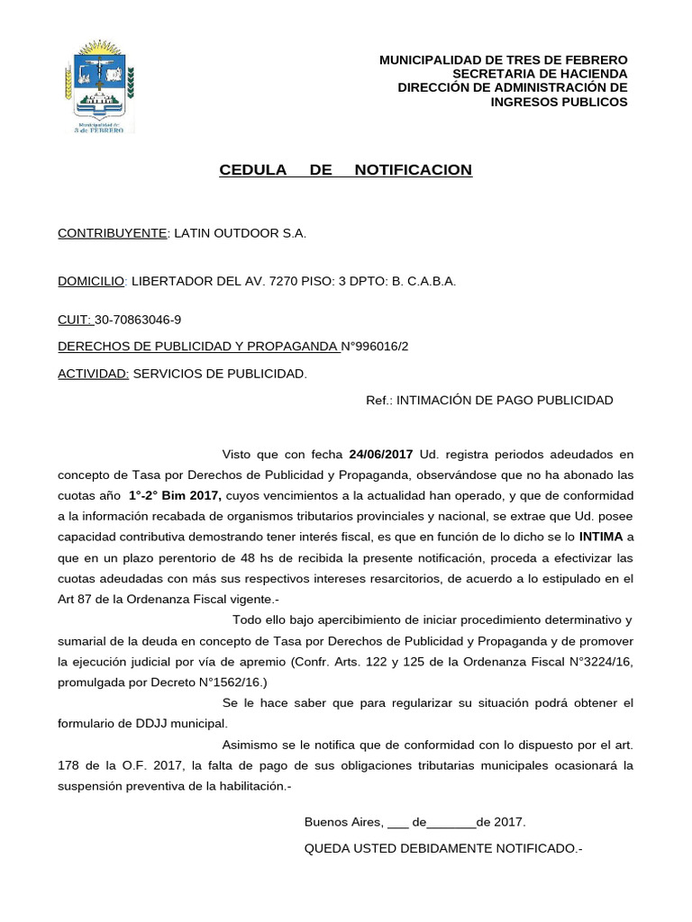 Modelo de Notificacion PyP (2017) | PDF