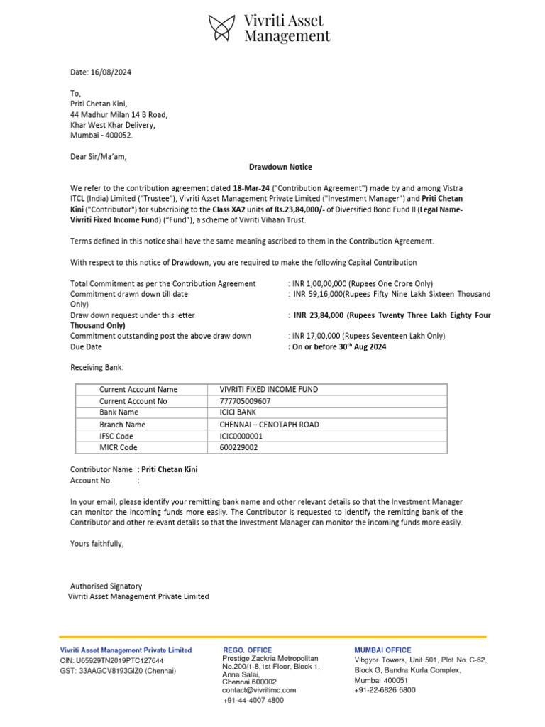 Drawdown Notice 18-Mar-24 Priti Chetan Kini Class XA2 of Rs.23,84,000 ...
