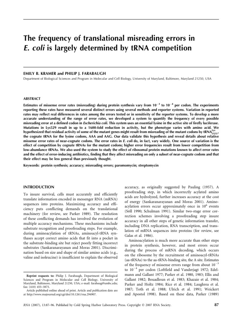 The Frequency of Translational Misreading Errors in E. Coli Is Largely ...