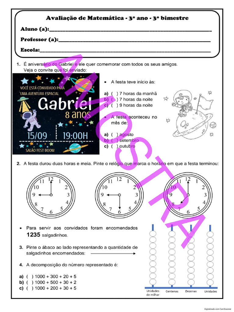 Amostra Av. Matemática 3 Ano 3 Bim | PDF