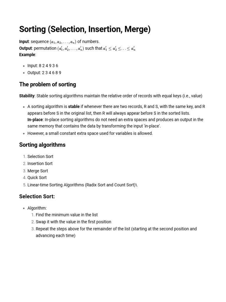 Sorting (Selection, Insertion, Merge) | PDF